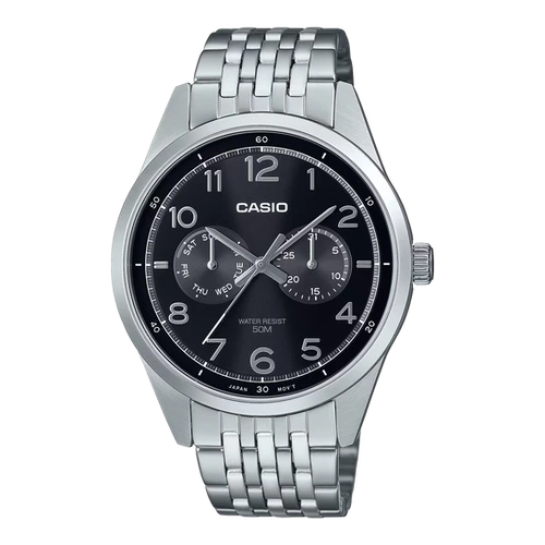 Casio WR 50M Analog Watch MTP-E340D-1AV Silver/Black | WatchWorldAustralia