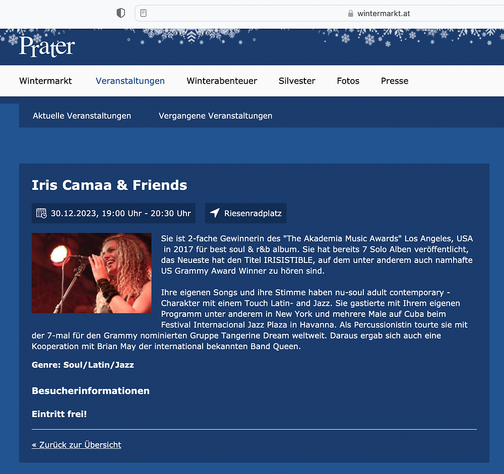 Iris Camaa & friends - 30.12.23 Wintermarkt Prater - 19:00 bis 20:30