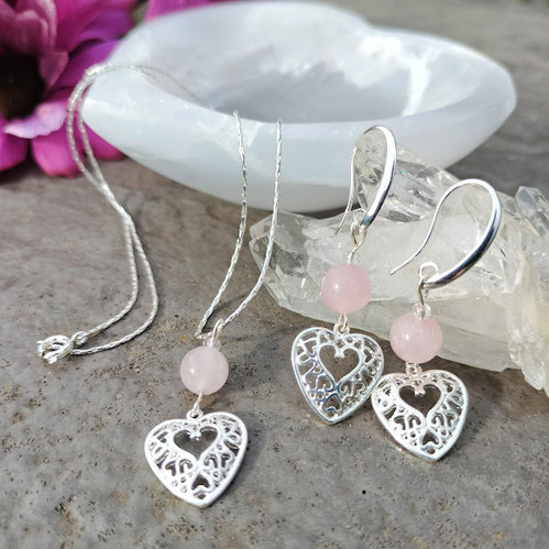 Rose Quartz & Silver Plated Heart Jewelry | SOS Gifts