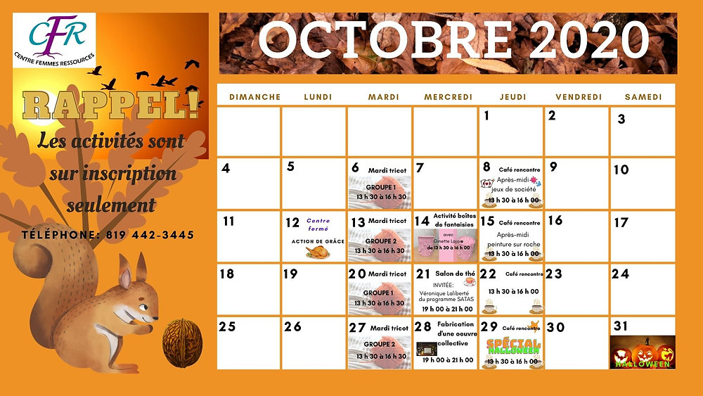Calendrier d'activité du mois d'octobre 2020