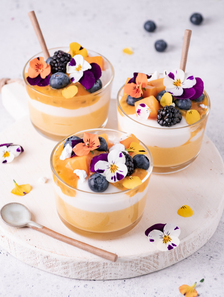 Mango and Vanilla Panna Cotta with Passion Fruit Coulis