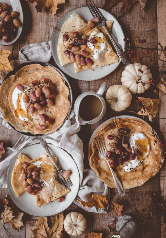 Vegan Crepes with Baked Grapes and Soy Yogurt