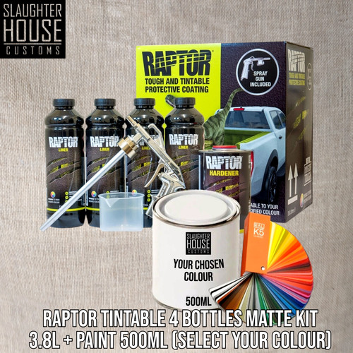 RAPTOR Tintable 4 Bottles Matte KIT 3.8L + Paint 500ml (Select your ...