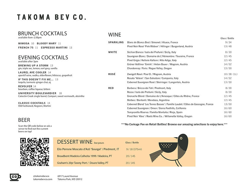 Menu | Takoma Bev Co