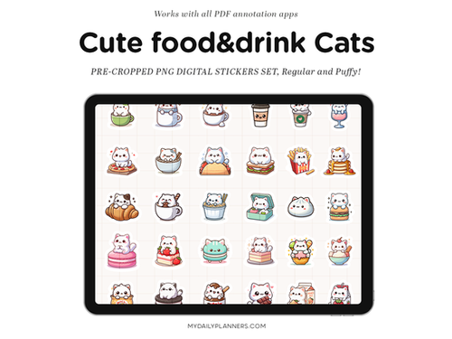 Cute Cats Food and Drink Digital Stickers set | MyDailyPlanners