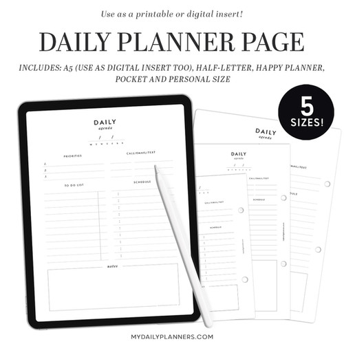 Daily Planner page - printable and digital use - 5 sizes | MyDailyPlanners