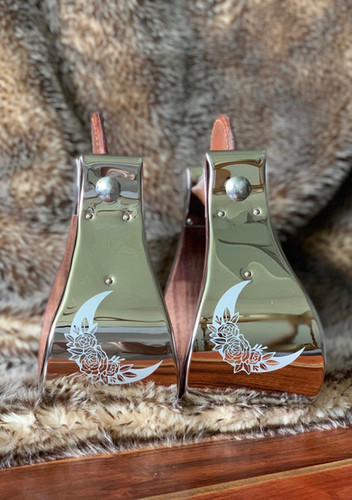 4” bell stirrups with moon and flowers pattern | H Bar Saddlery