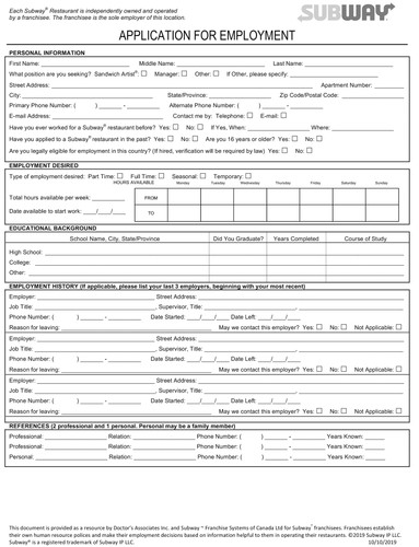 Subway Employment Application Pads | PrintSub