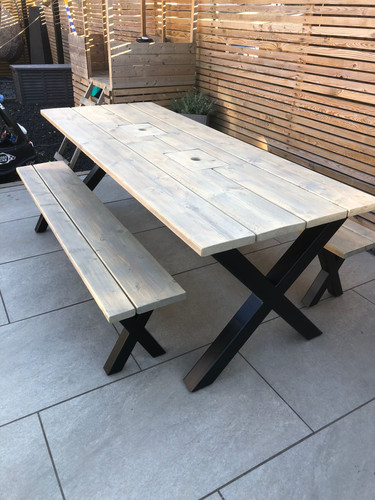 Off-The-Shelf Rustic Prosecco X Metal Patio Table & 2 Benches | TheTableGuy