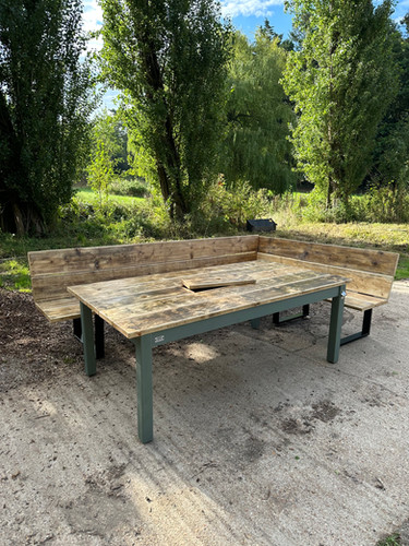 Off-The-Shelf Rustic Prosecco Patio Table & Corner Bench | TheTableGuy