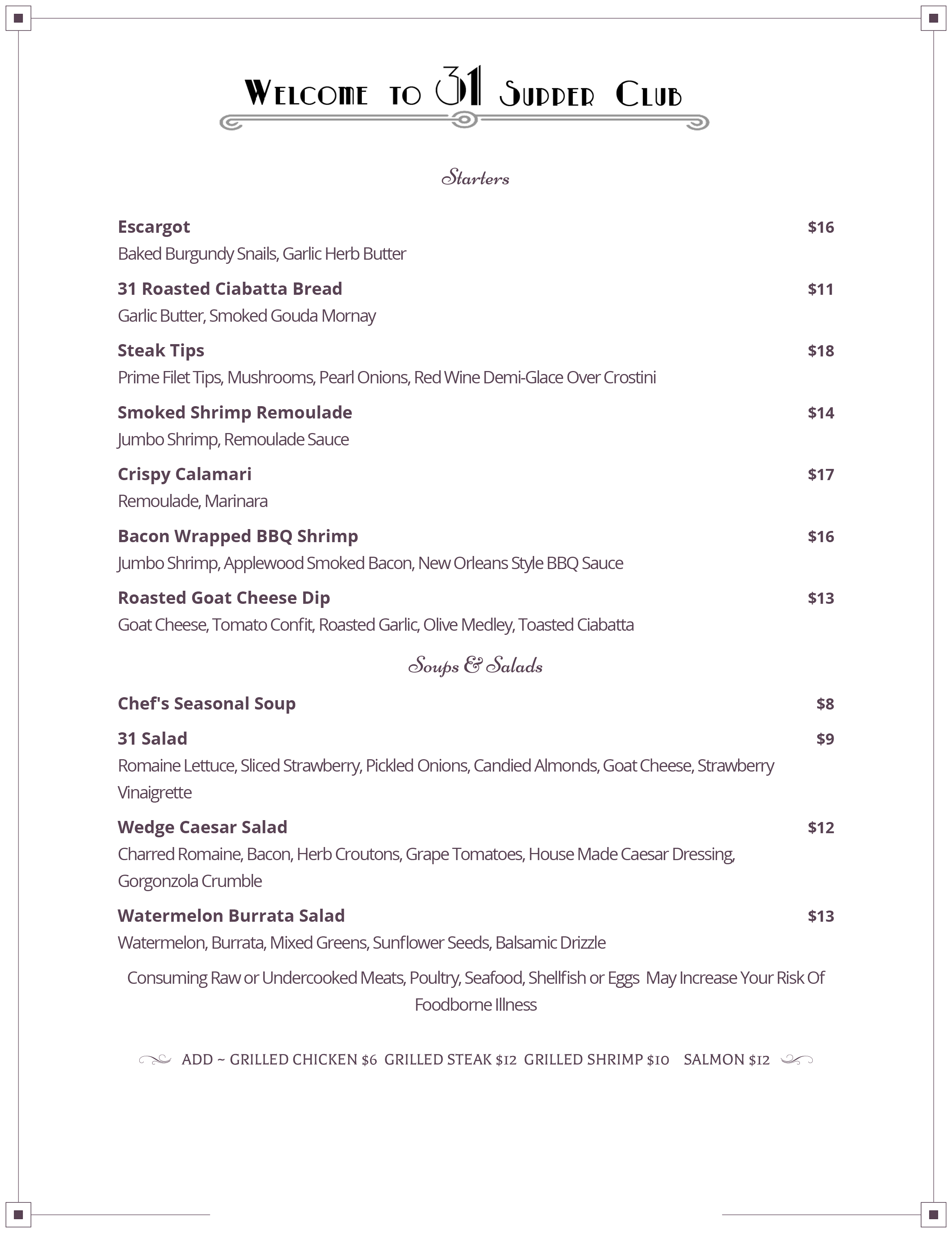 31 Dinner Menu 31 Supper Club 31 Dinner Menu 31 Supper Club