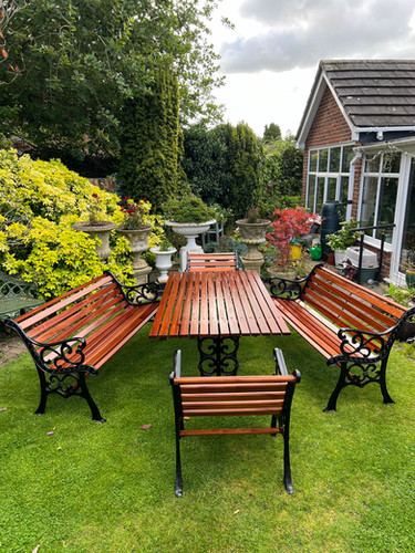 Large Cast Iron and Sapele Patio Set | Three Lions Benches