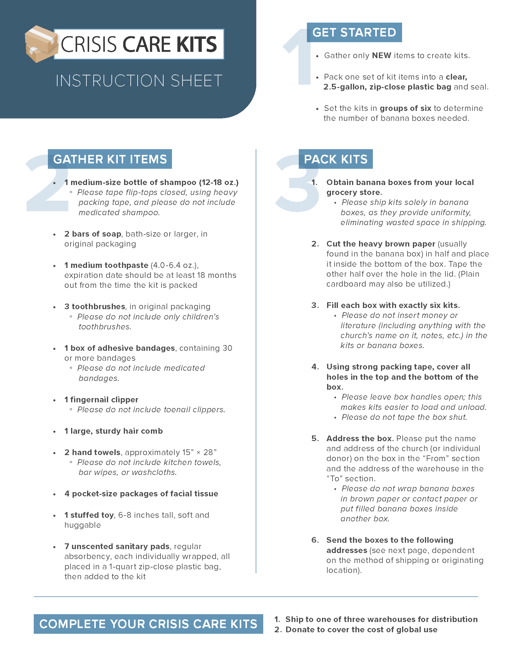 CRISIS CARE KITS | NEW INSTRUCTIONS