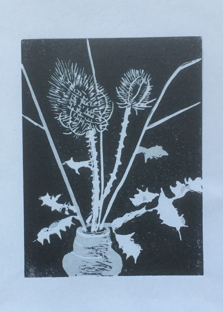 Teasles ( lino print using reduction method) | Art with Tricia