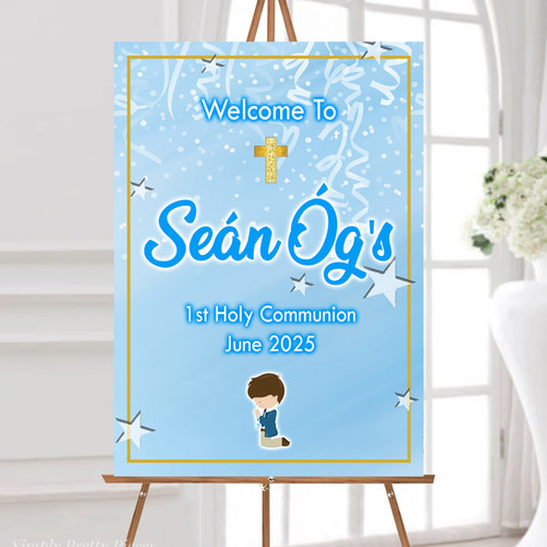Welcome Board First Holy Communion Blue & Gold | Boy | Kolormaster