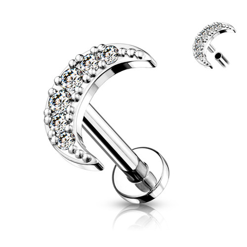 CZ Paved Crescent Moon Top on Internally Threaded Surgical Steel bar ...