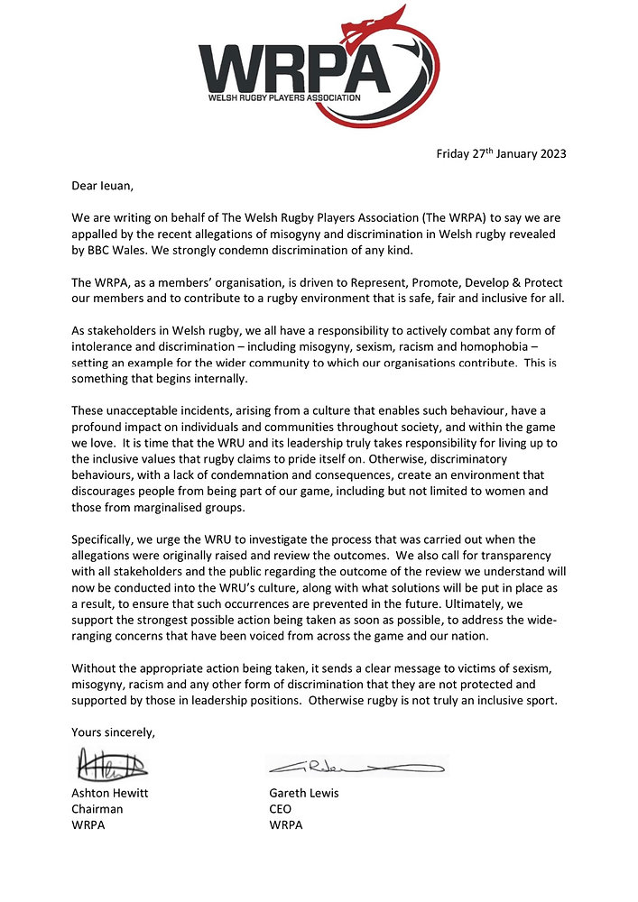 WRPA Open Letter to WRU Chair