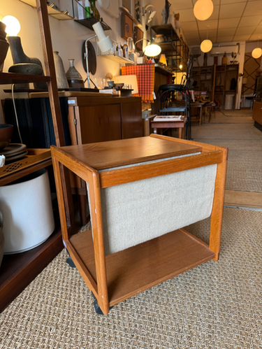 MCM Danish Teak Magazine Side w/ Hemp Sling on Wheels | Merchant