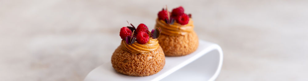 Choux au Craquelin with caramel crémeux and Japanese wineberry