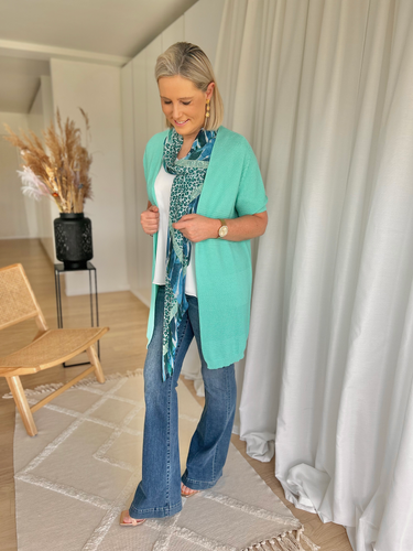 63503 Aquablauwe katoenen cardigan midi-lengte met korte mouw Signe ...