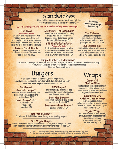 Restaurant Menu | Silver Street Tavern
