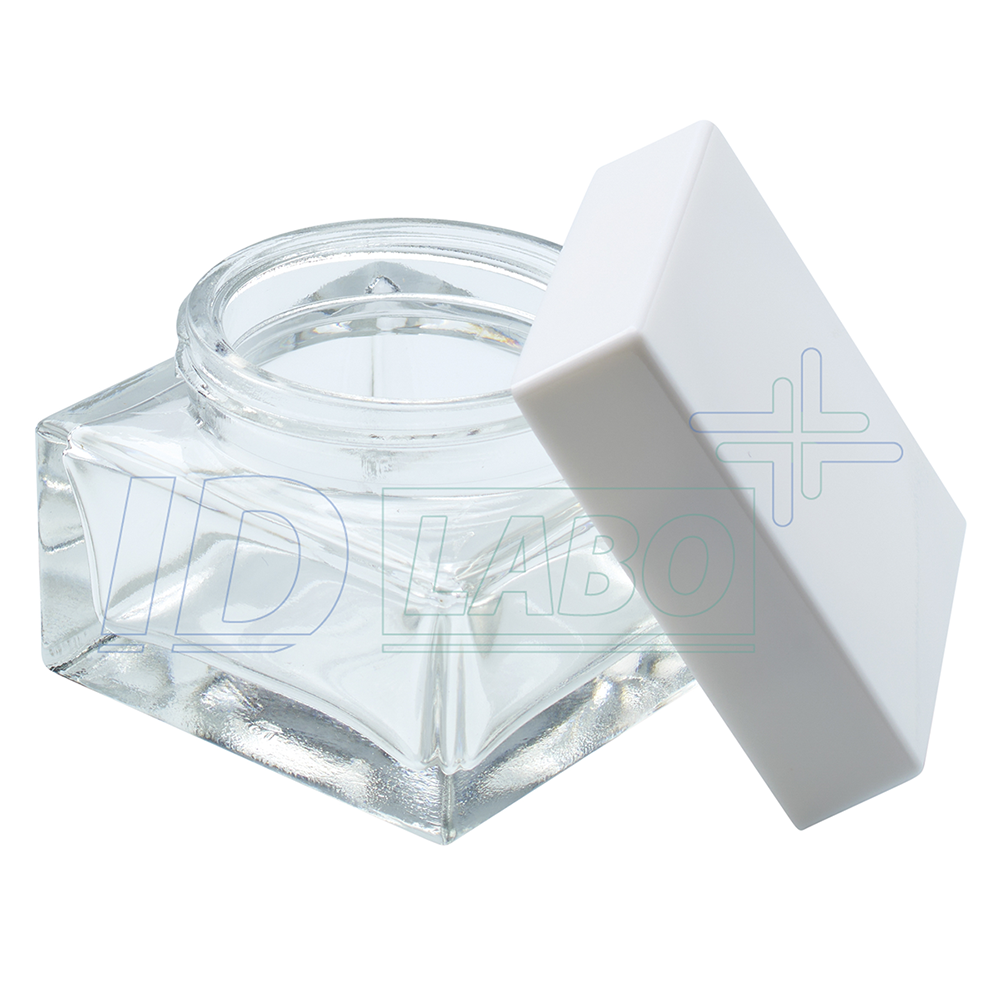 Pot en verre carré PRIAM avec couvercle blanc 50 ml | Id Labo