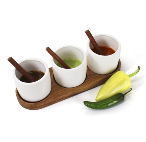 Poj Ceramic Salsa Containers Set with Wooden Tray & Serving Spoons ...