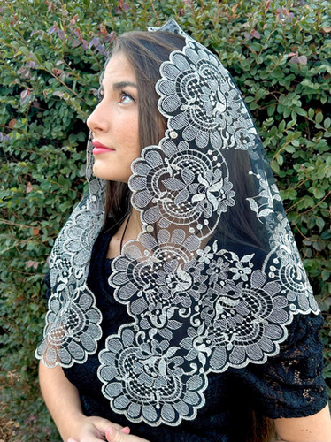 Metallic Silver On Black Mantilla - Large | Veils and Mantillas