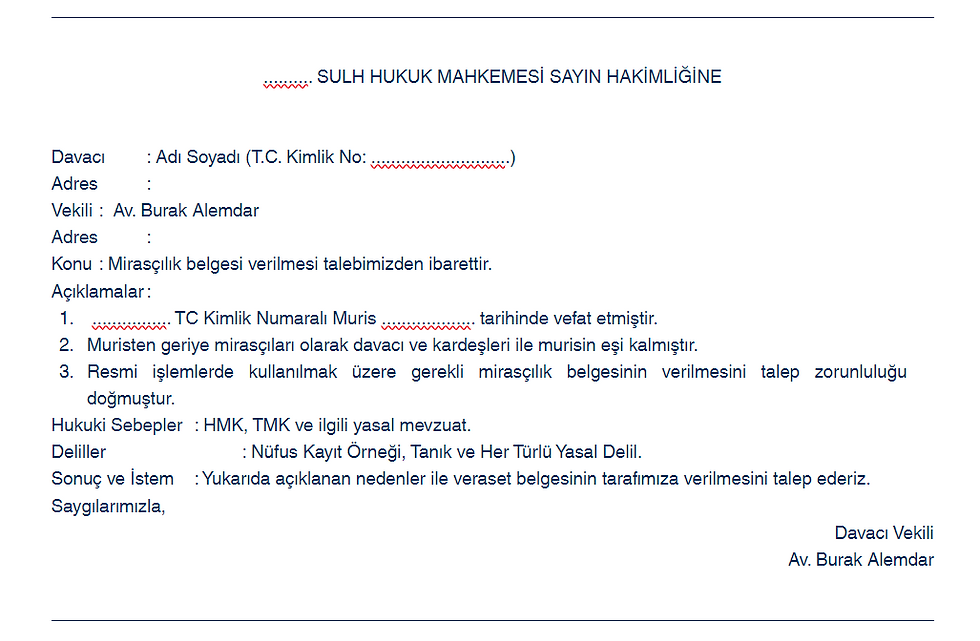 Veraset ilamı dilekçe örneği | Dilekçe Örnekleri