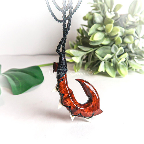 "Warrior" Large Koa Fish Hook with Shark Teeth | LewisKoa Co.