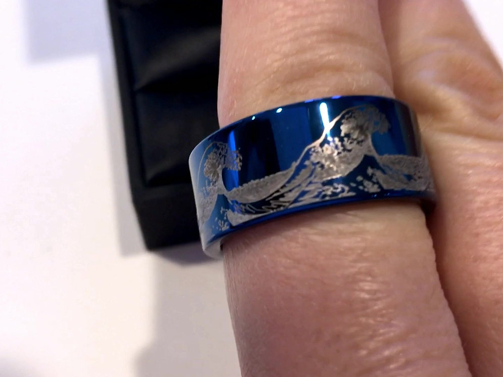Blue Ocean Wave Ring, Wave Ring, Mens Blue Tungsten Carbide Ring, Mens ...