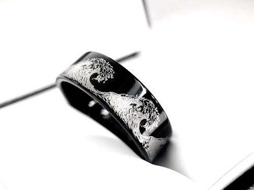 Ocean Wave Ring, Black Tungsten Ring, Custom Engraved, Mens and Women ...