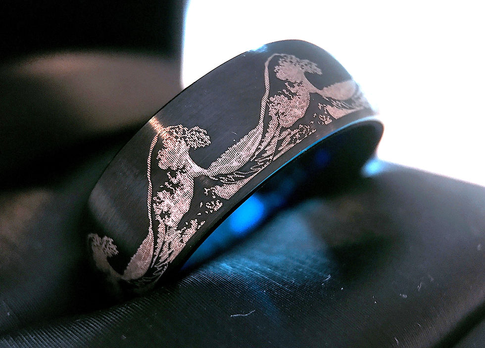 Ocean Wave Pattern Engraved Black Brushed and Blue Tungsten Carbide ...