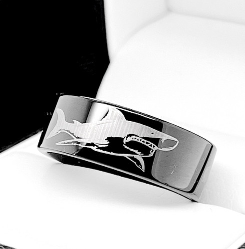 Shark Ring, Custom Engraved Tungsten Carbide Ring, Mens Ring, Wedding ...
