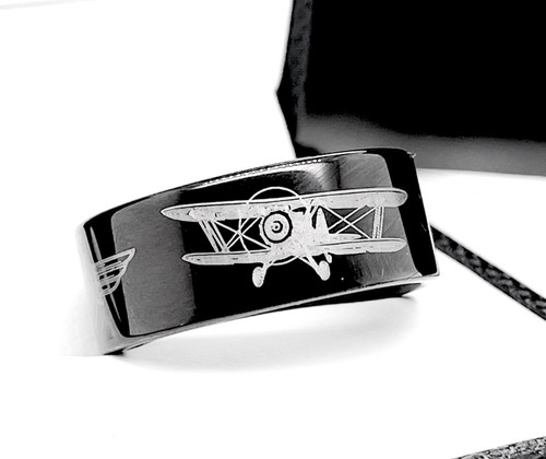 Airplane Pattern Engraved Black Tungsten Ring | Rings Paradise
