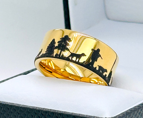 Pheasant Hunting Scene Yellow Gold Tungsten Wedding Ring | Rings Paradise
