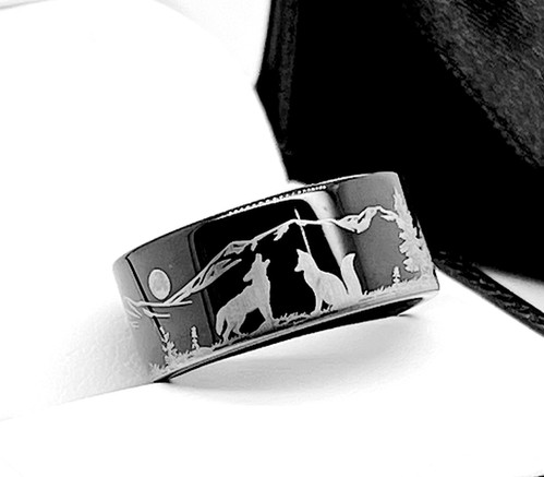 Fox and Coyote facing in Forest Landscape Engraved Black Tungsten ...