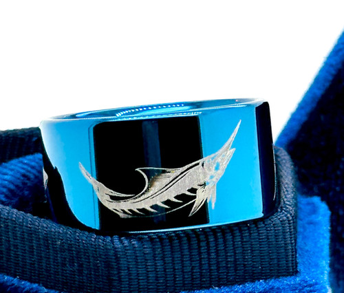 Blue Tungsten Ring, Marlin, Sailfish and Shark Engraved Mens Ring ...
