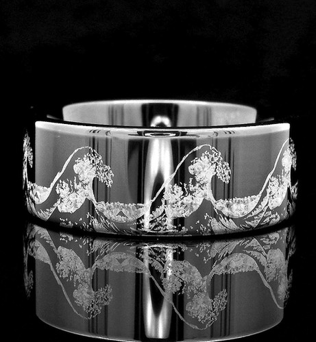 Black Tungsten Wedding Band | Ocean Wave Design Ring - Rings Paradise