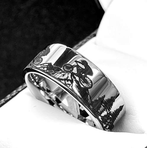 Wedding Band, Cyclist in Mountains Forest Landscape Tungsten Ring, Mens ...