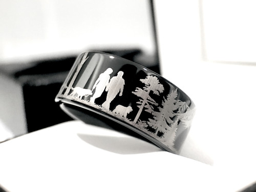 Men Women Walking in the Forest with Dogs & Animals Scene Pattern ...