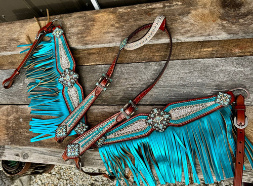 Turquoise Blue & Clear Crystal Bridle Breast Collar Huge Matching ...