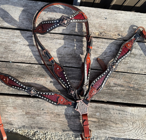 Burgundy Alligator Inlay w/ White Buck Stitch Leather Bridle Breast ...