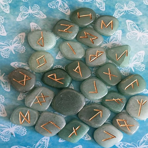 Aventurine Stone Rune Set • Gift Boxed with Chart & Bag