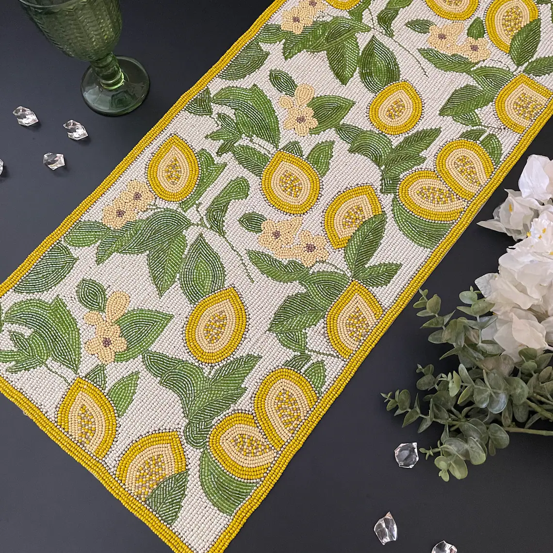 Handmade table runner, Lemon and leaves beaded runner floral ...