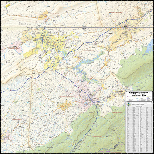 Kingsport - Bristol - Johnson City TN Laminated Wall Map | topographics