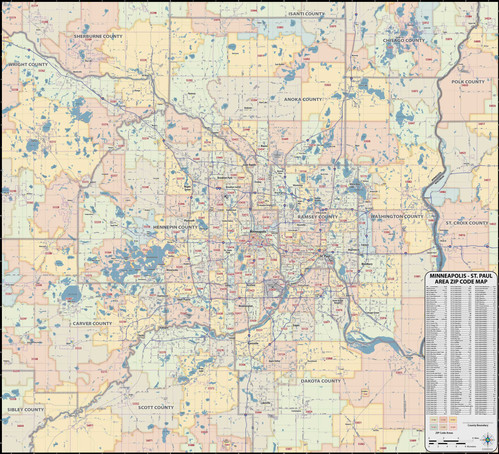 Minneapolis - St Paul Area ZIP Code Laminated Map | topographics