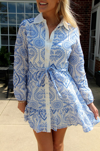 Maybelle Embroidered Long Sleeve Mini Dress - Blue | Thefix