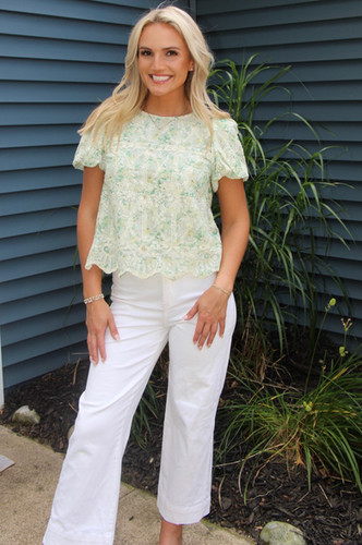 Embroidered Floral Puff Sleeve Top - Celadon Green | Thefix