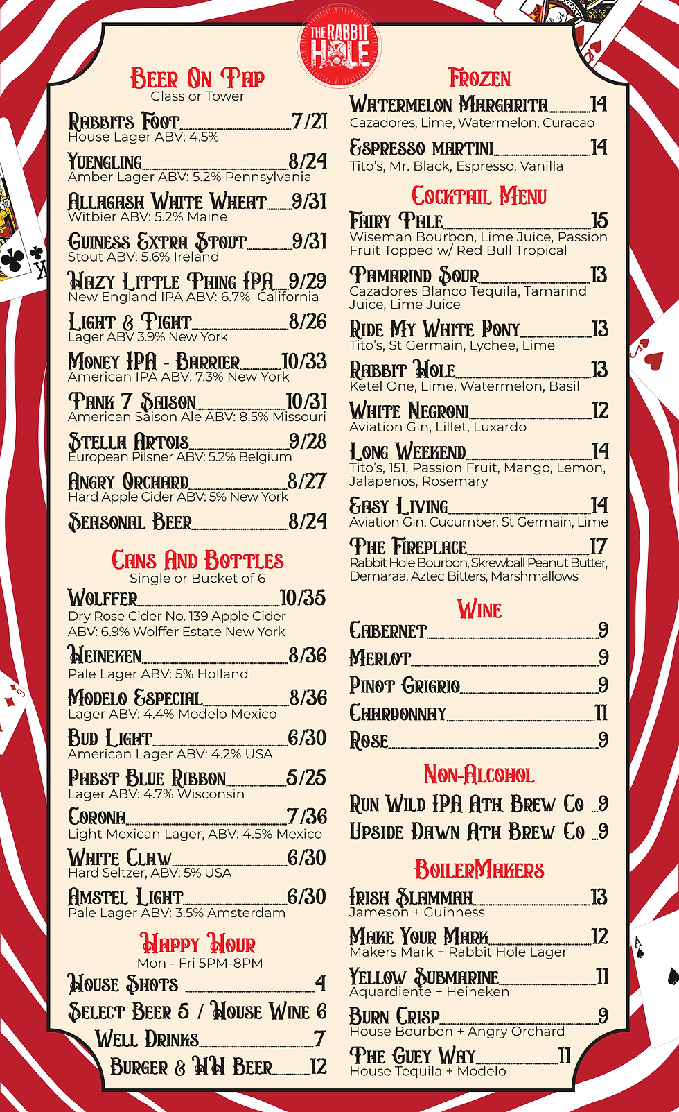 Menu | The Rabbit Hole | Astoria, Queens, NY | Bar, Food, Parties & Events